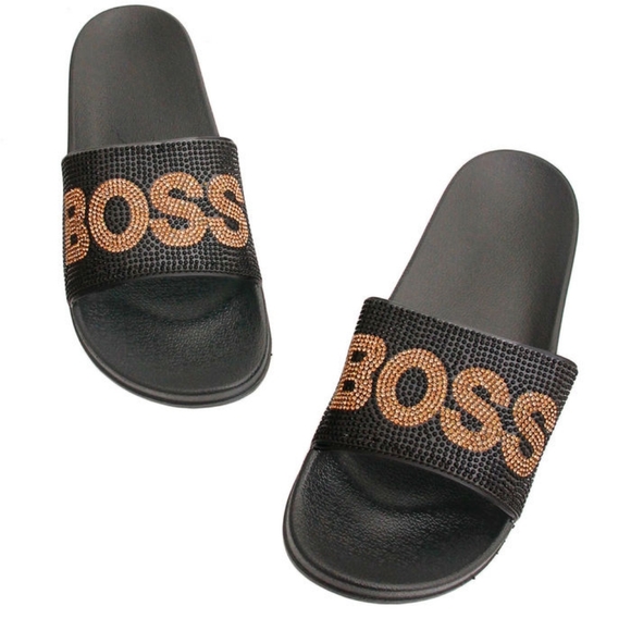 AKUA | Shoes | Nwt Boss Babe Blackgold Bling Slides | Poshmark